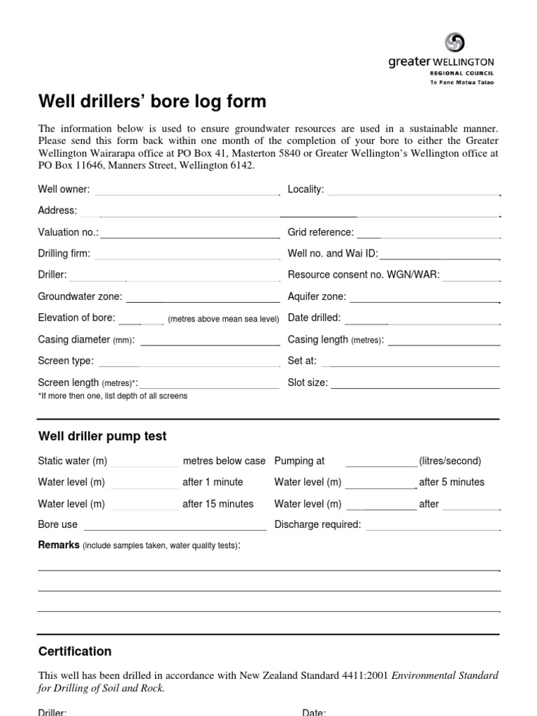 Well Drillers' Bore Log Form: Well Driller Pump Test | PDF
