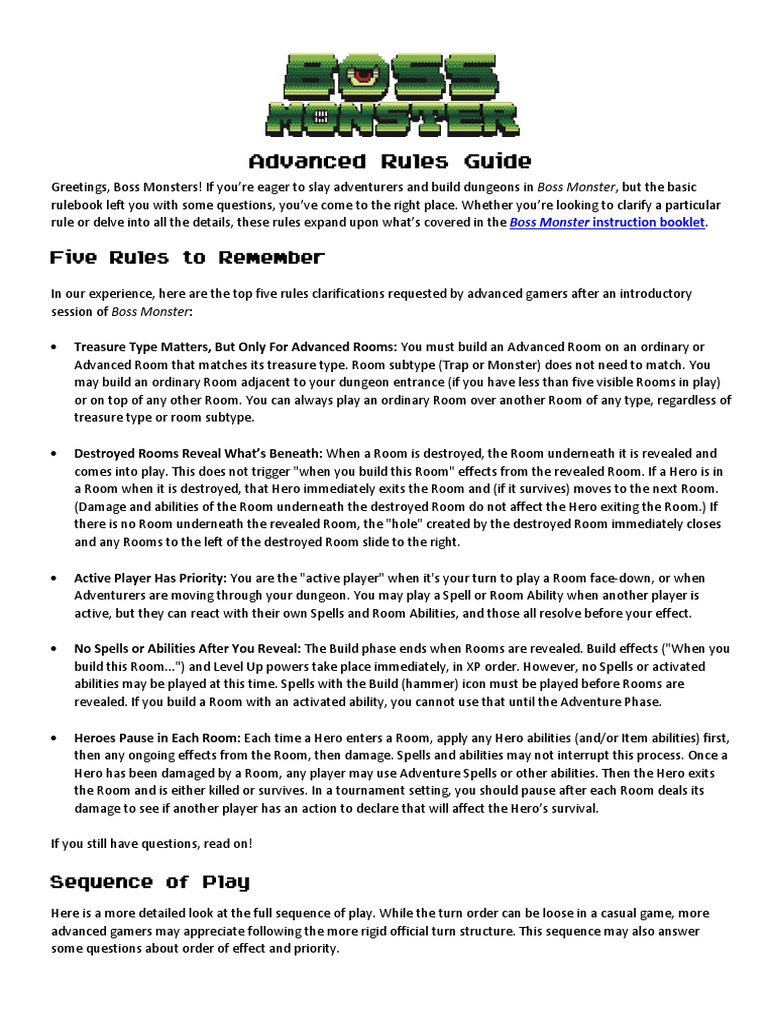 Boss Monster Advanced Rules Guide | PDF | Leisure