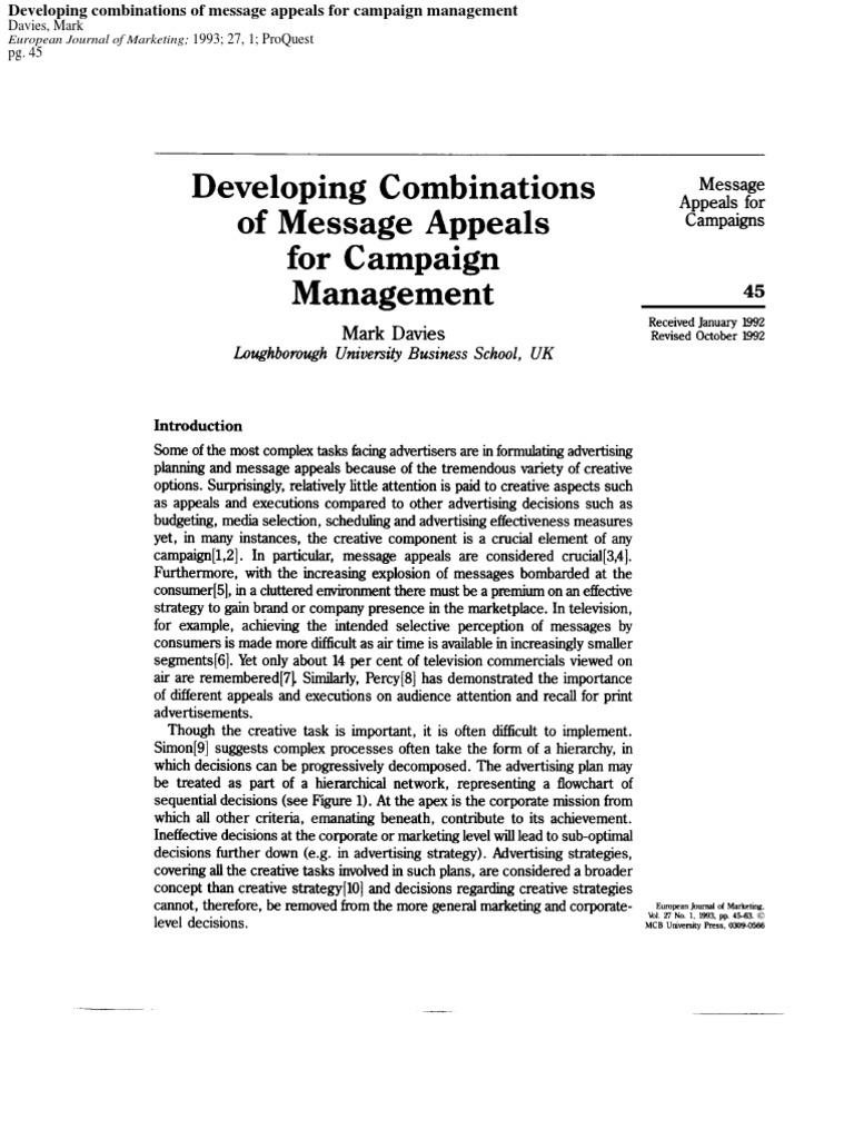 Developing Combinations of Message Appeals For Campaign Management | PDF