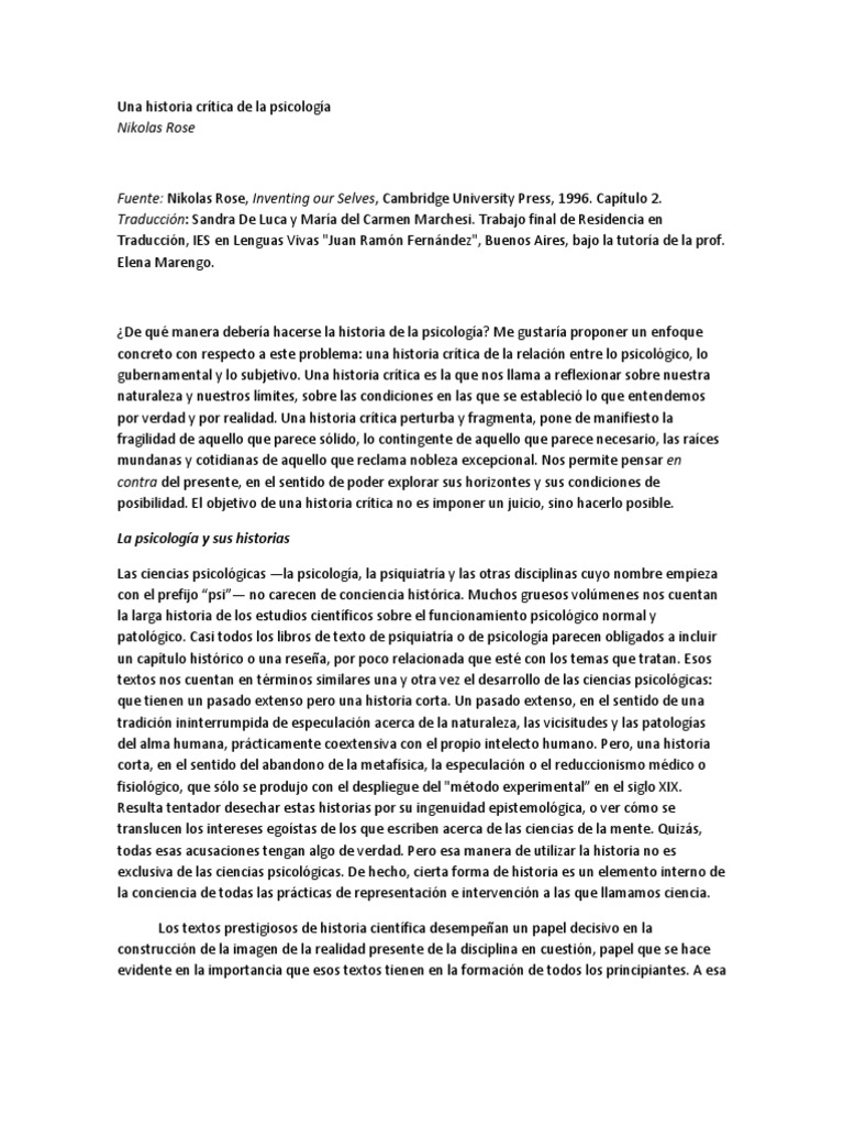 ROSE, NIKOLAS - Una Historia Crítica de La Psicología | PDF | Science ...