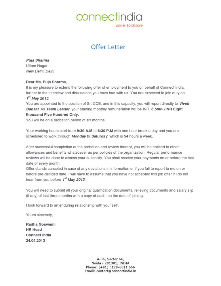 Offer Letter | PDF | Employment | Labor