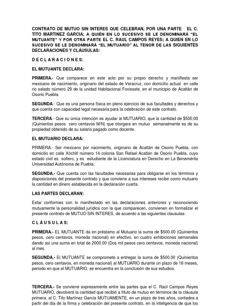 Contrato de Mutuo Sin Interes Que Celebran | PDF | Pagos | Gobierno