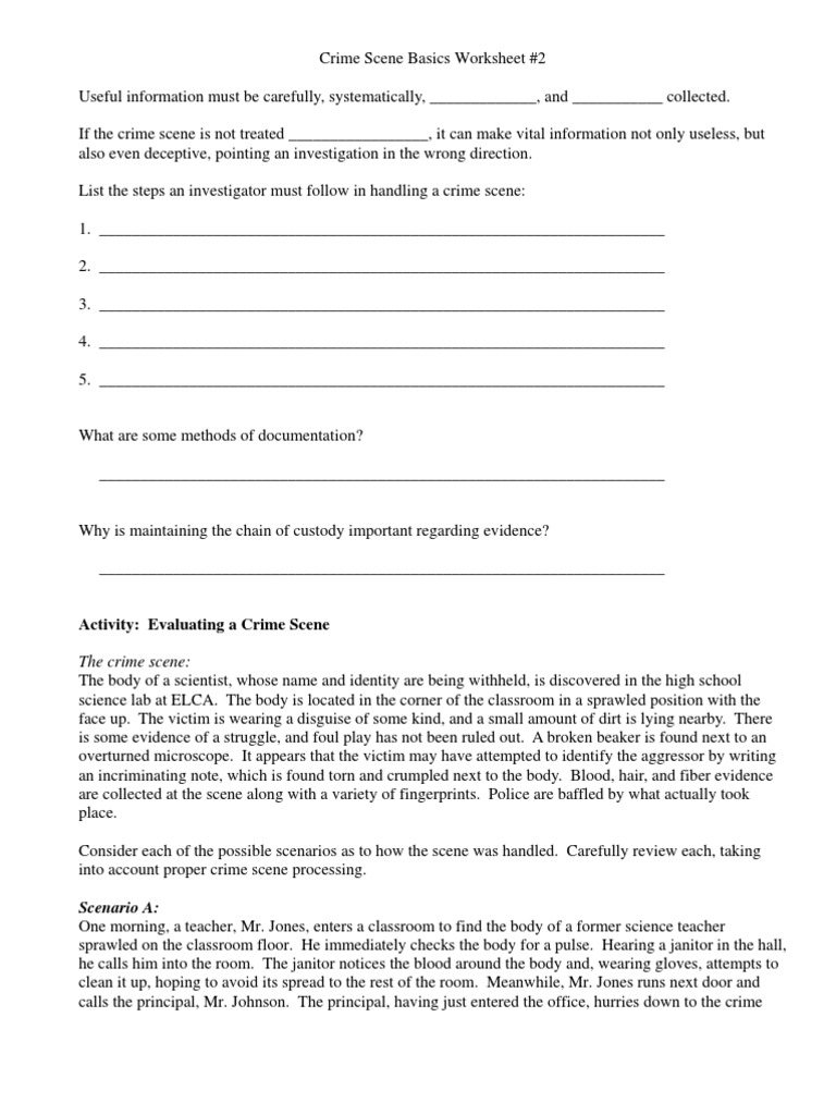 Crime Scene Basics Worksheet #2 | PDF | Crime Scene | Criminal Justice