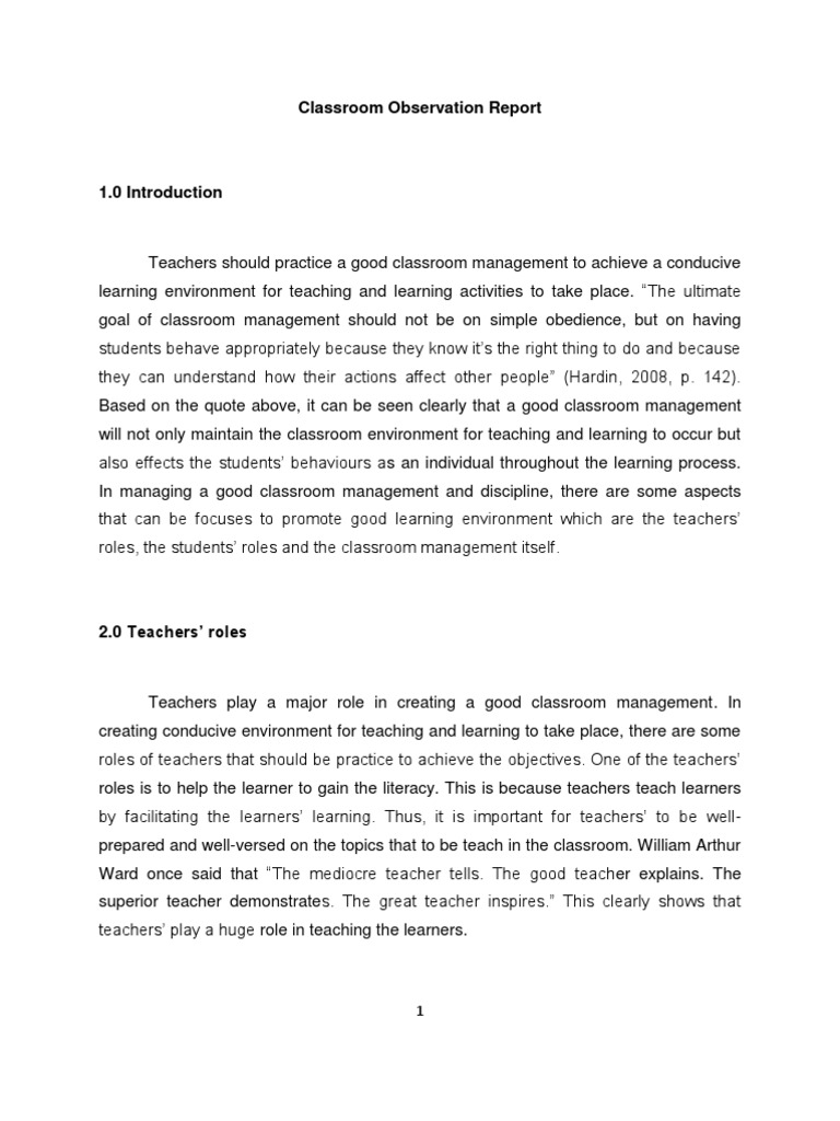 Classroom Observation Report | PDF | Classroom Management | Teachers