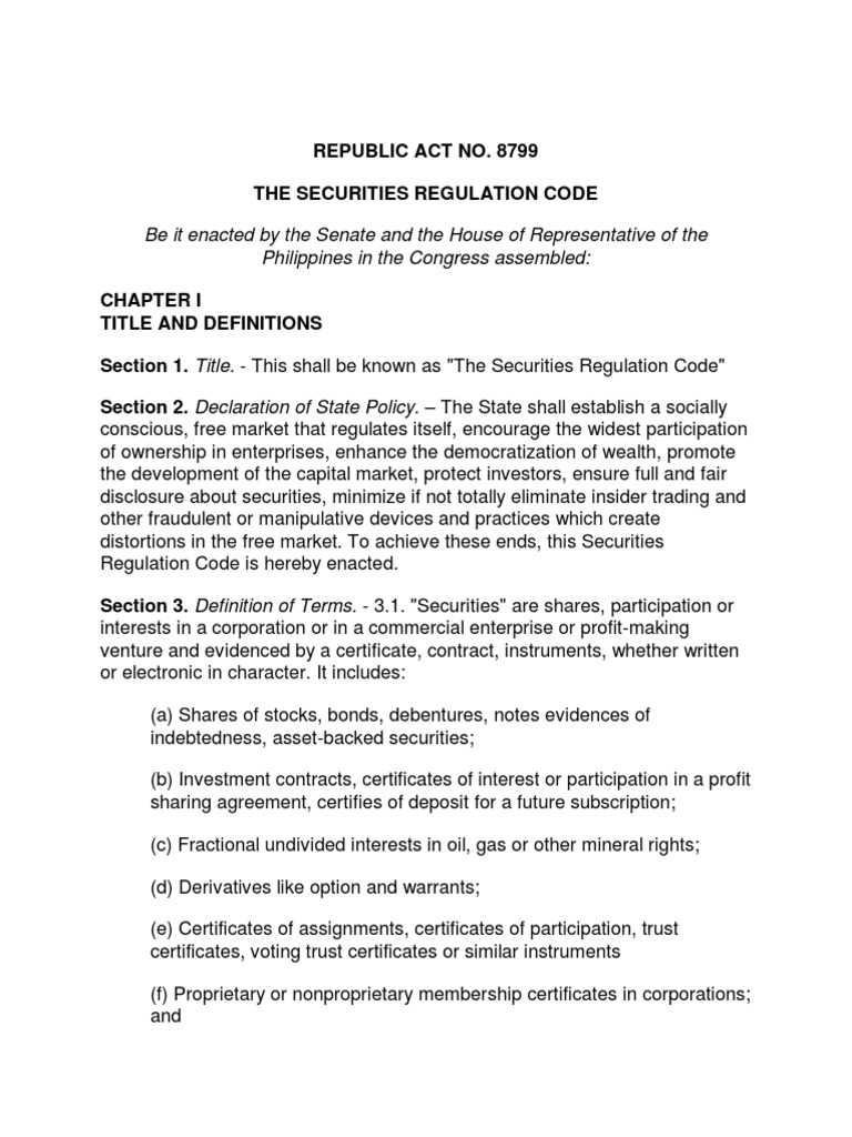 Securities Regulation Code RA8799 | PDF | Securities (Finance) | Proxy ...