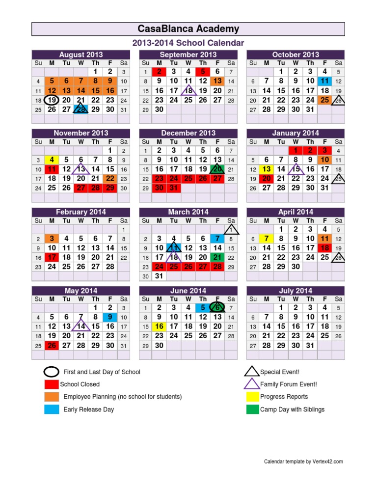 2013-2014 School Calendar Template | PDF