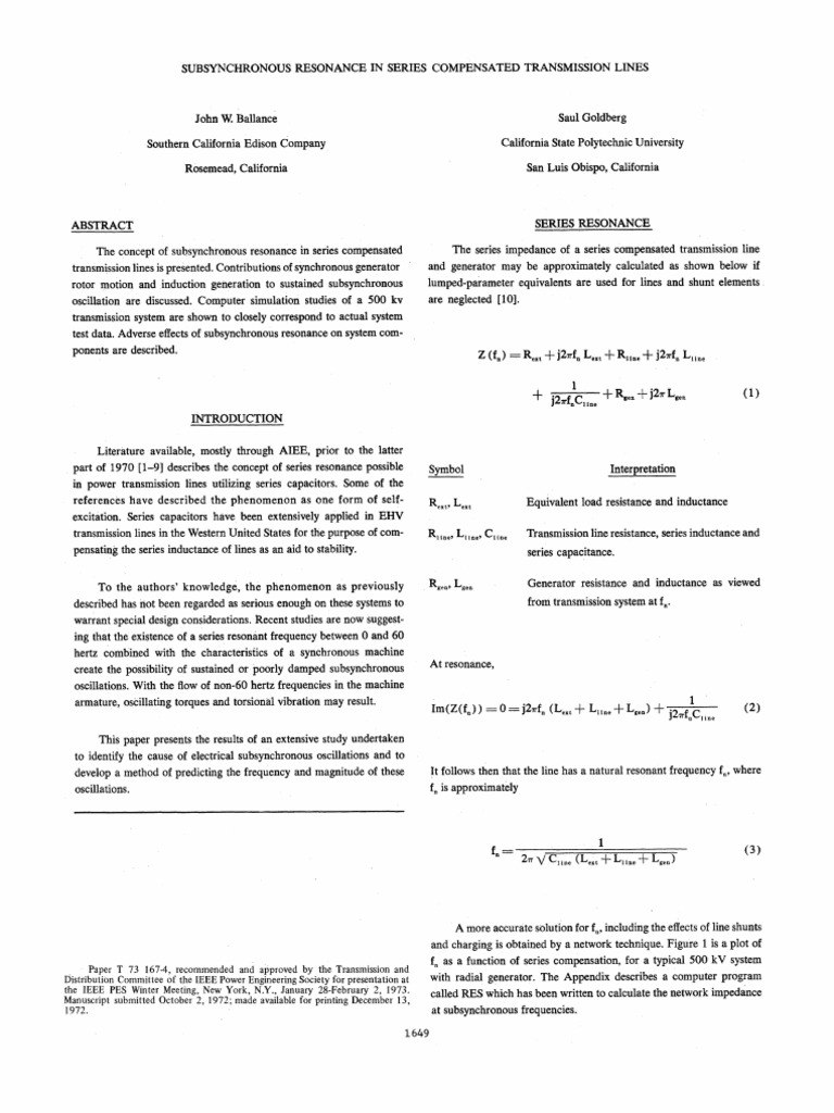 Understanding Subsynchronous Resonance | PDF | Capacitor | Electrical ...