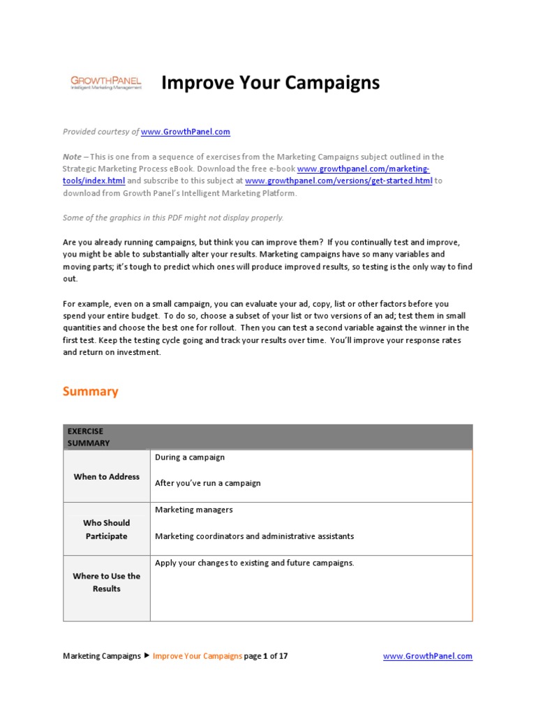 Marketing Campaign Improvement Guide | PDF | Return On Investment | Sales