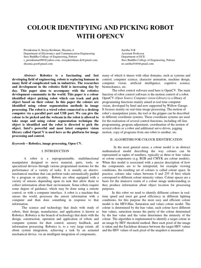 Colour Identifying and Picking Robot With Opencv | PDF | Computer ...