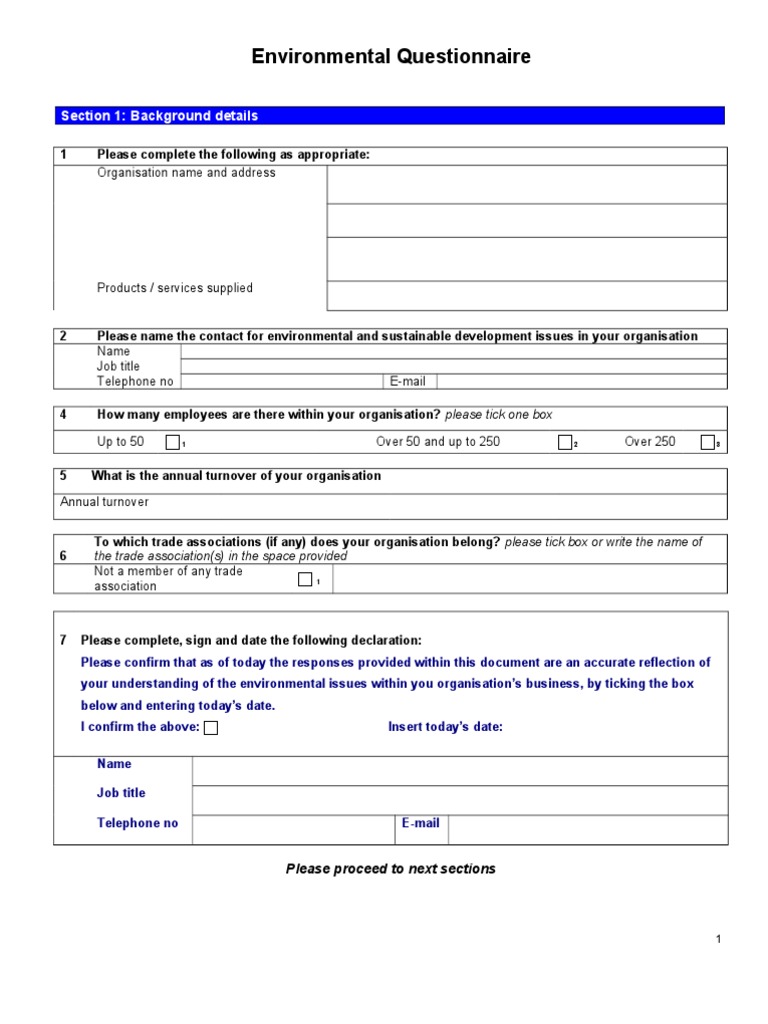 Example Environmental Questionnaire | Life Cycle Assessment | Economy ...