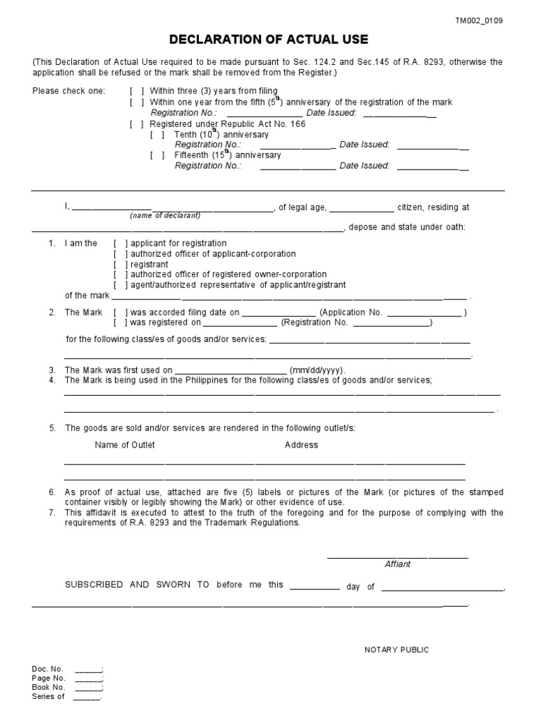 Trademark Declaration of Use Form | PDF