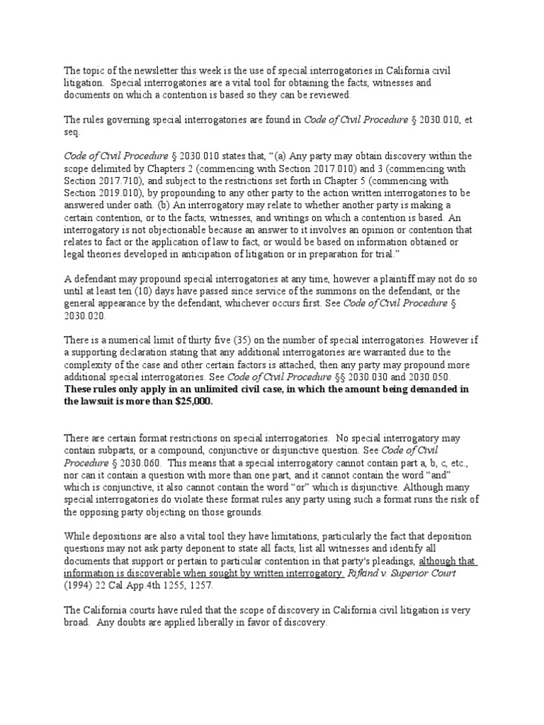 Special Interogatories in California Litigation | PDF | Interrogatories ...