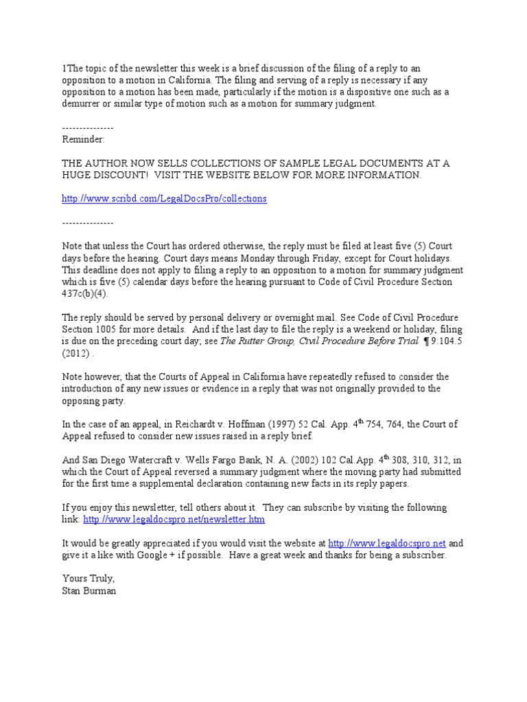 Reply To An Opposition To Motion in California | PDF | Summary Judgment ...