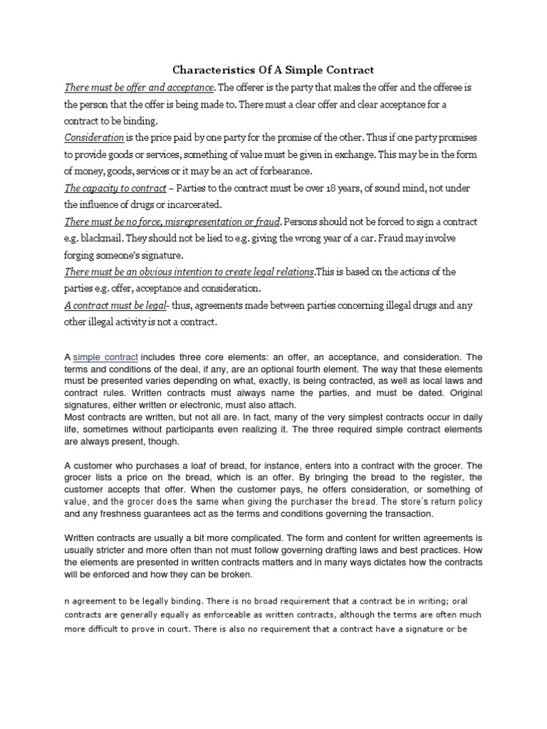Characteristics of Simple Contracts | PDF | Offer And Acceptance ...