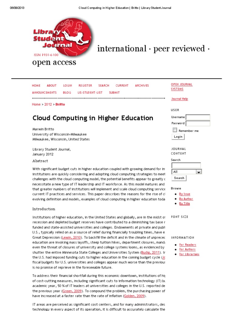 Cloud Computing in Higher Education - Britto - Library Student Journal ...