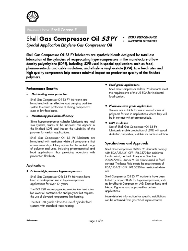 Shell Gas Compressor Oil S3 PY | PDF | Gas Compressor | Lubricant
