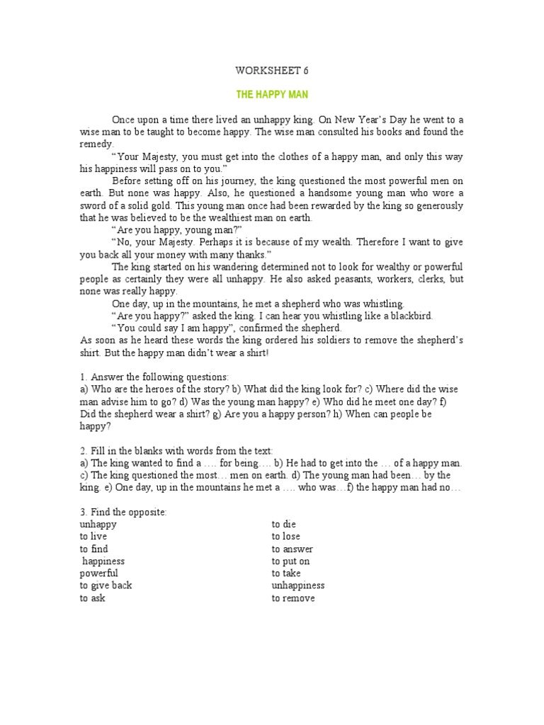 The Happy Man's Shirt: Q&A Worksheet | PDF | Travel | Religion ...