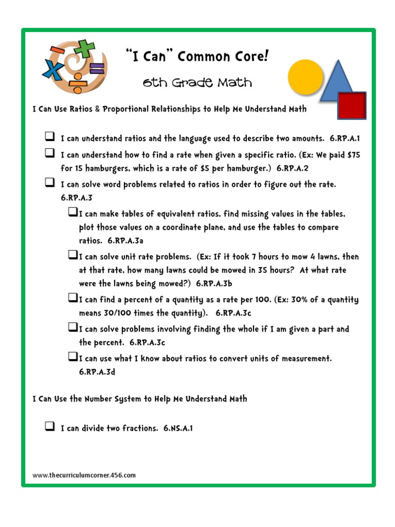 6th Grade Math Common Core I Can Statements | PDF | Ratio | Integer