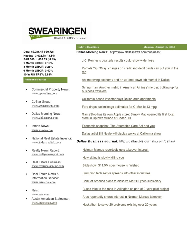 Today S Headlines Monday August 19 2013 Pdf Dallas Companies