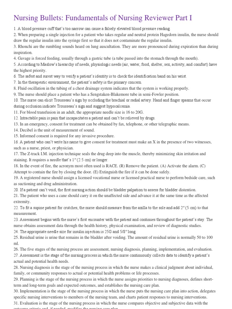 Fundamentals of Nursing Review Bullets | PDF | Physical Examination | Pulse