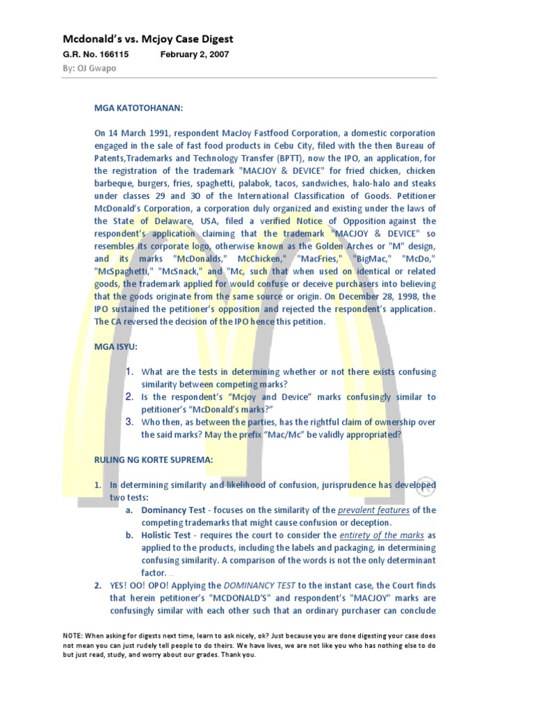McDonald's vs. MacJoy Trademark Case | PDF | Trademark | Mc Donald's