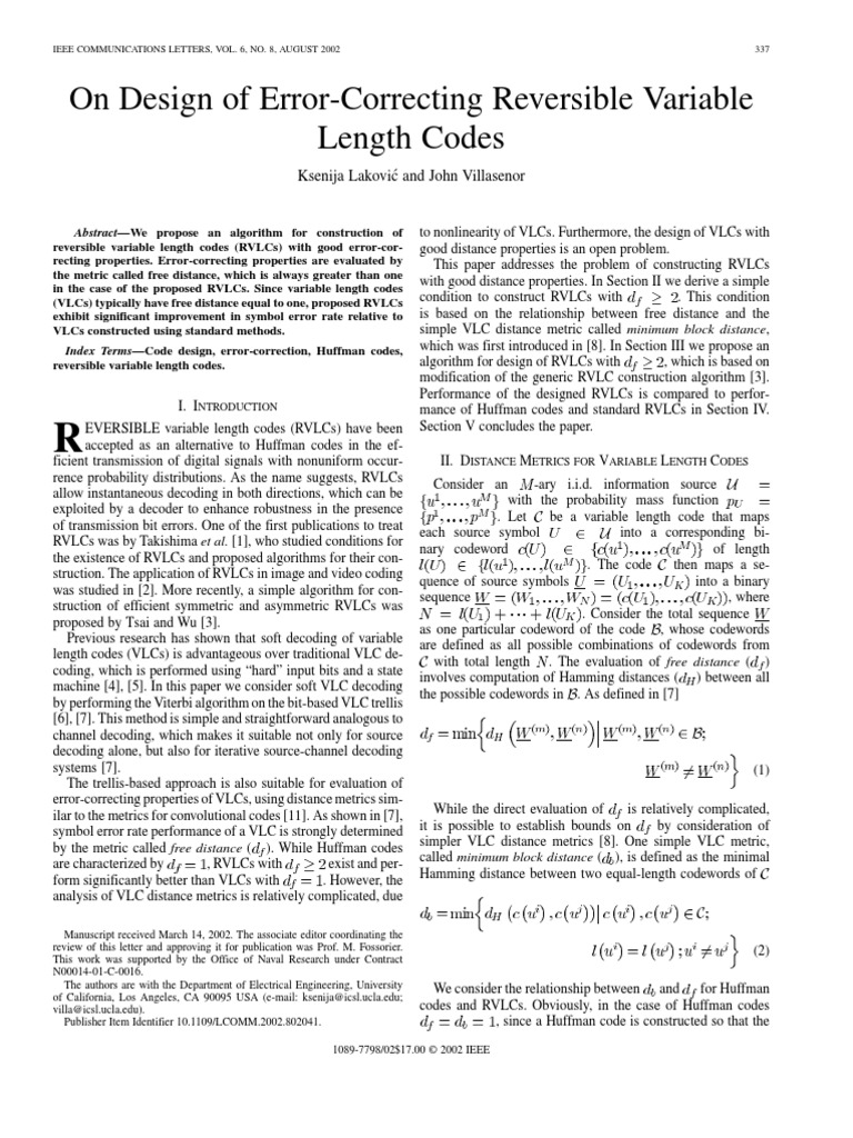 On Design of Error-Correcting Reversible Variable Length Codes | PDF