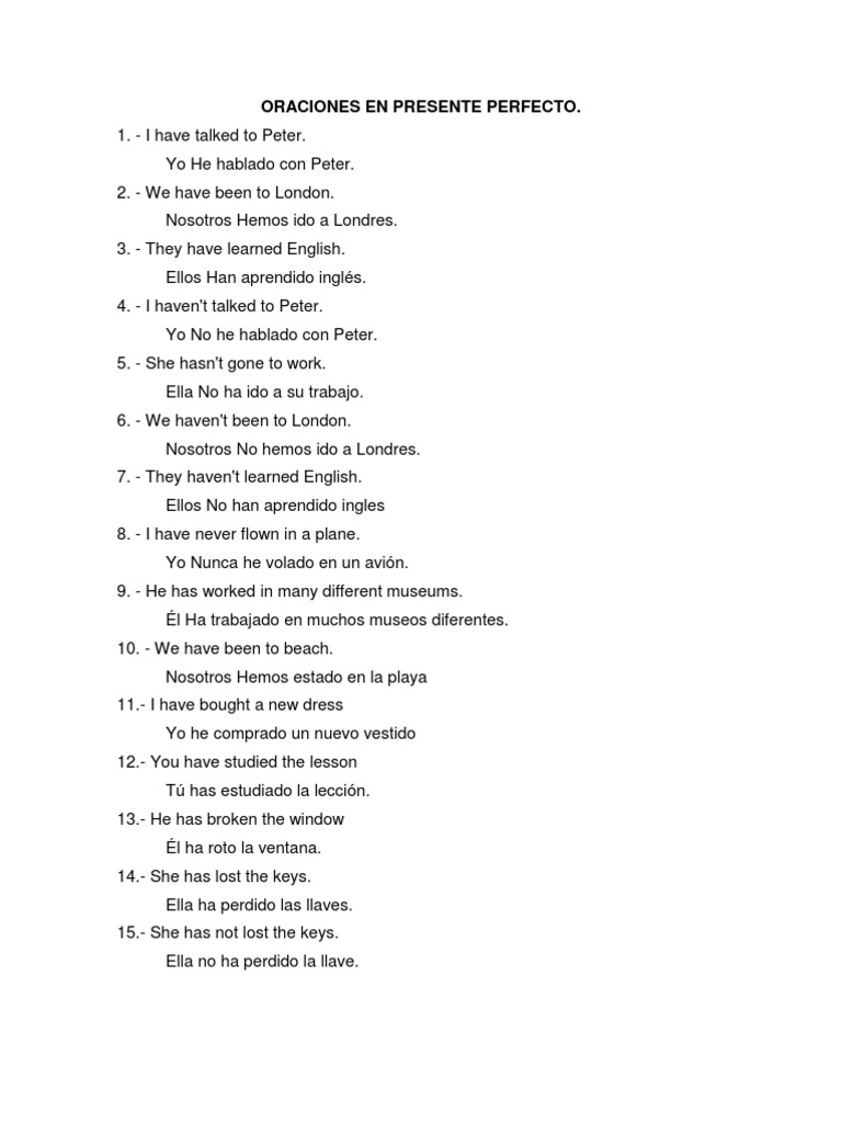 Oraciones Con El Presente Perfecto Oraciones En Presente Perfecto ...