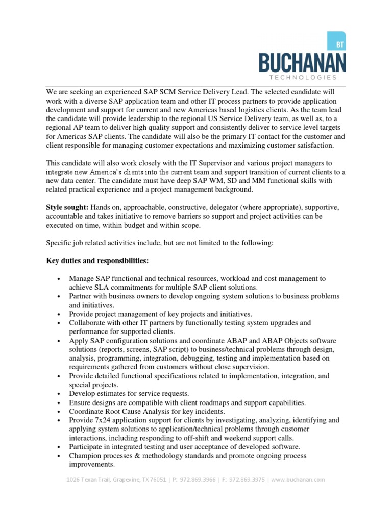 SAP SCM Service Delivery Lead - Job Description | PDF | Project ...