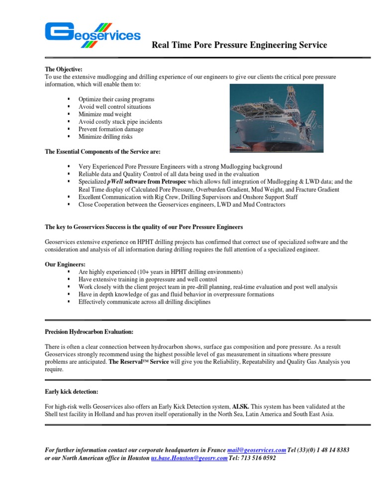 Pore Pressure Engineering Service | PDF | Oil Well | Engineer