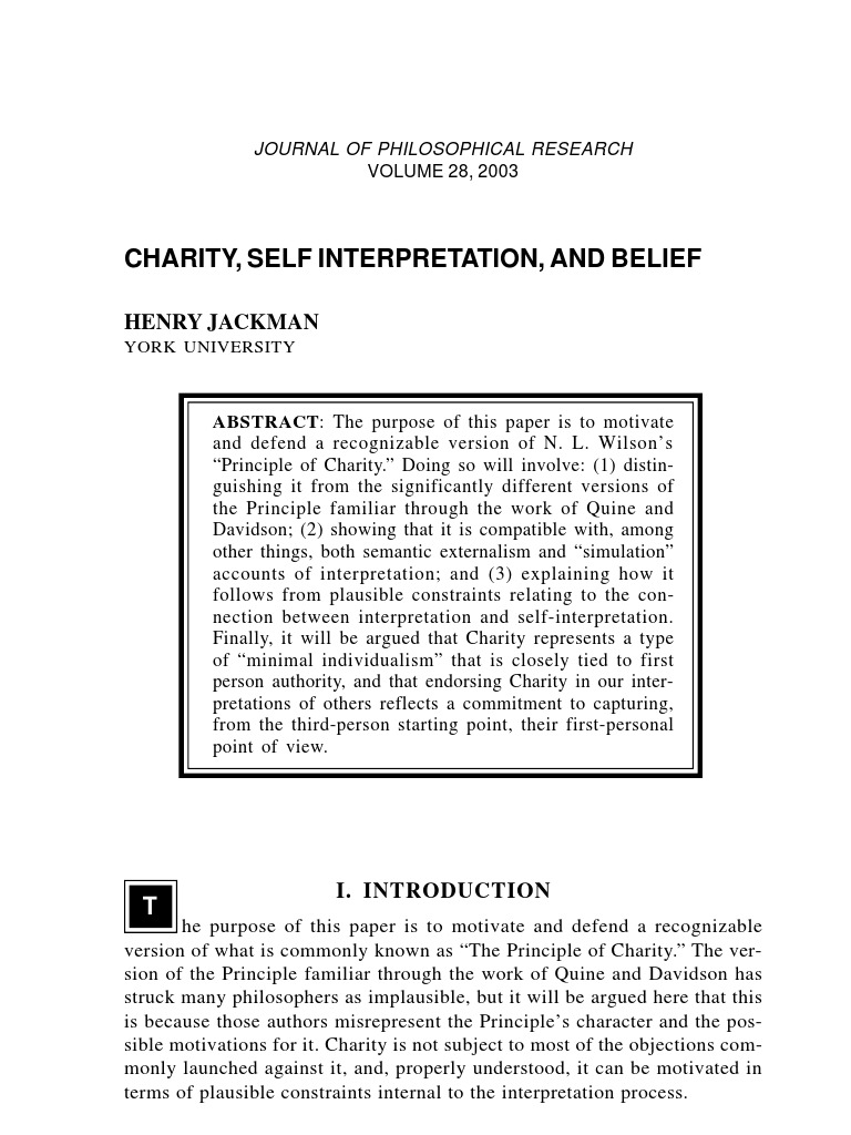 Charity, Self Interpretation, and Belief | PDF | Internalism And ...
