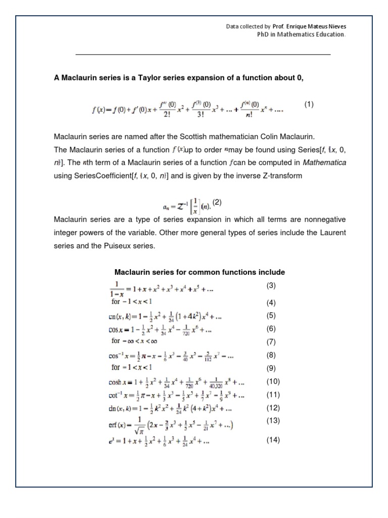 A Maclaurin Series Is A Taylor Series Expansion of A Function About 0 | PDF