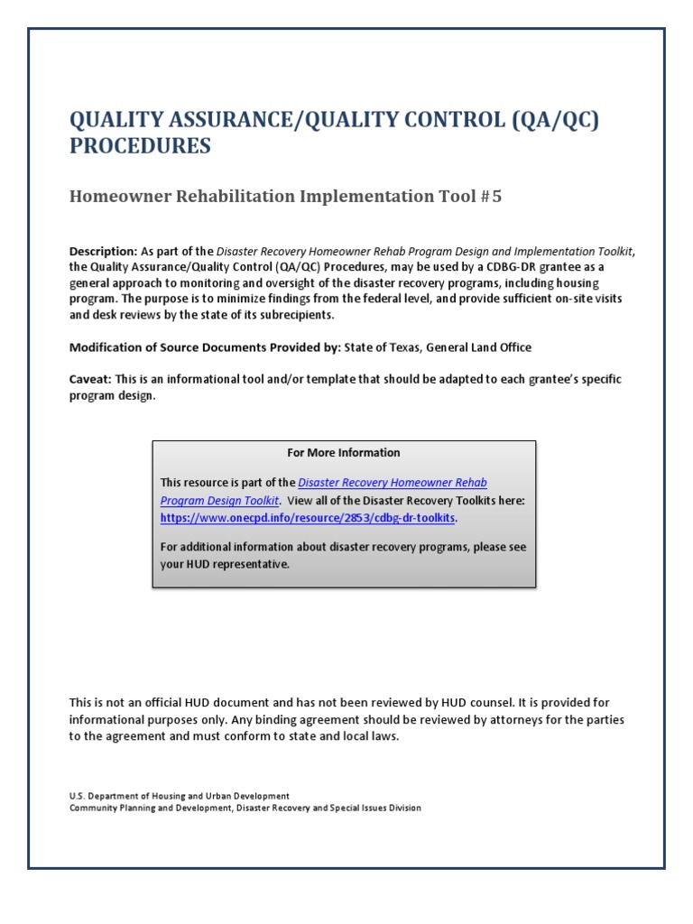 Disaster Recovery Homeowner Rehab Quality Assurance Quality Control ...