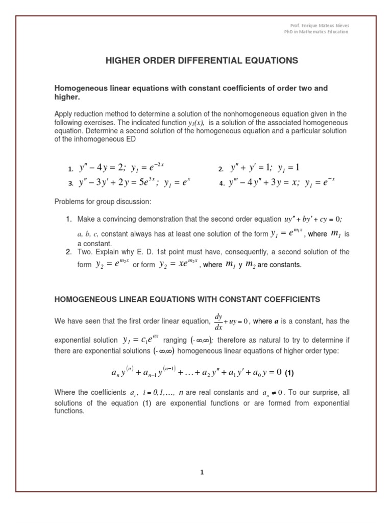 Higher Order Differential Equations | PDF | Zero Of A Function | Equations