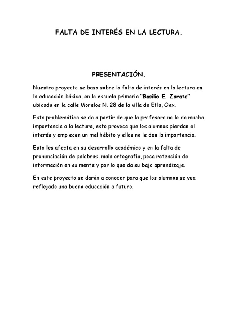 FALTA DE INTERÉS EN LA LECTURA Proyecto de Irma | PDF | Lectura ...
