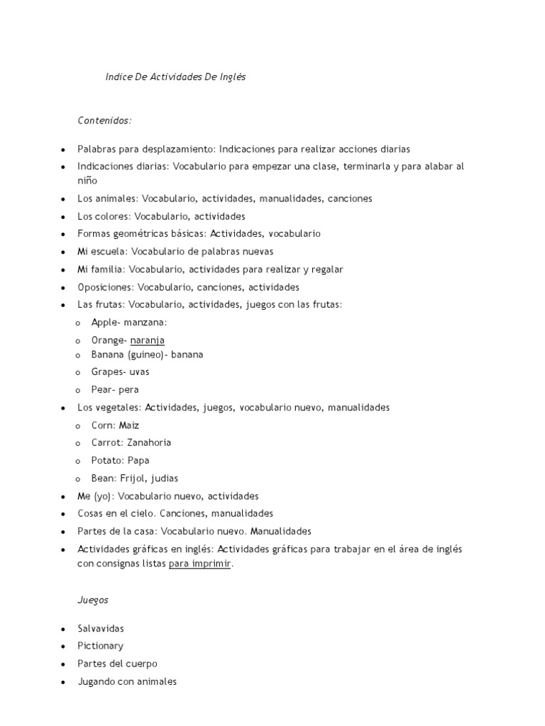 Indice de Actividades de Inglés | Descargar gratis PDF | Maíz | Aprendizaje