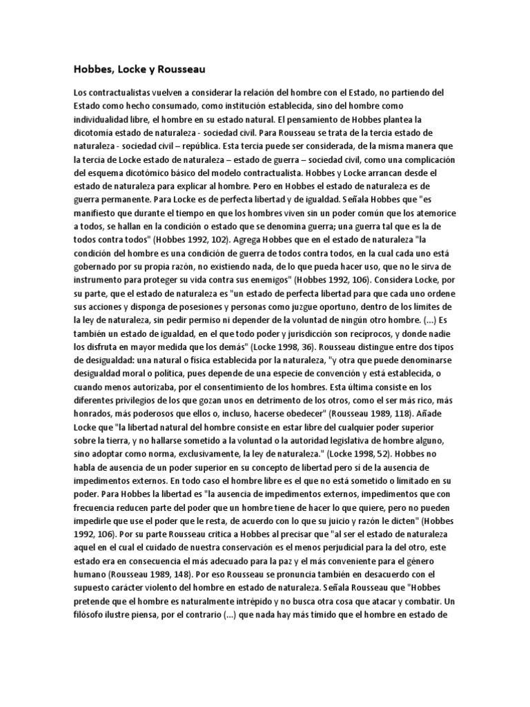 Hobbes, Locke y Rousseau | PDF | Contrato social | Jean-Jacques Rousseau