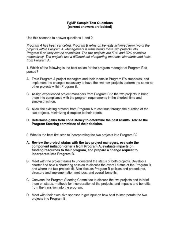 PgMP Exam Sample Questions and Answers | PDF | Business