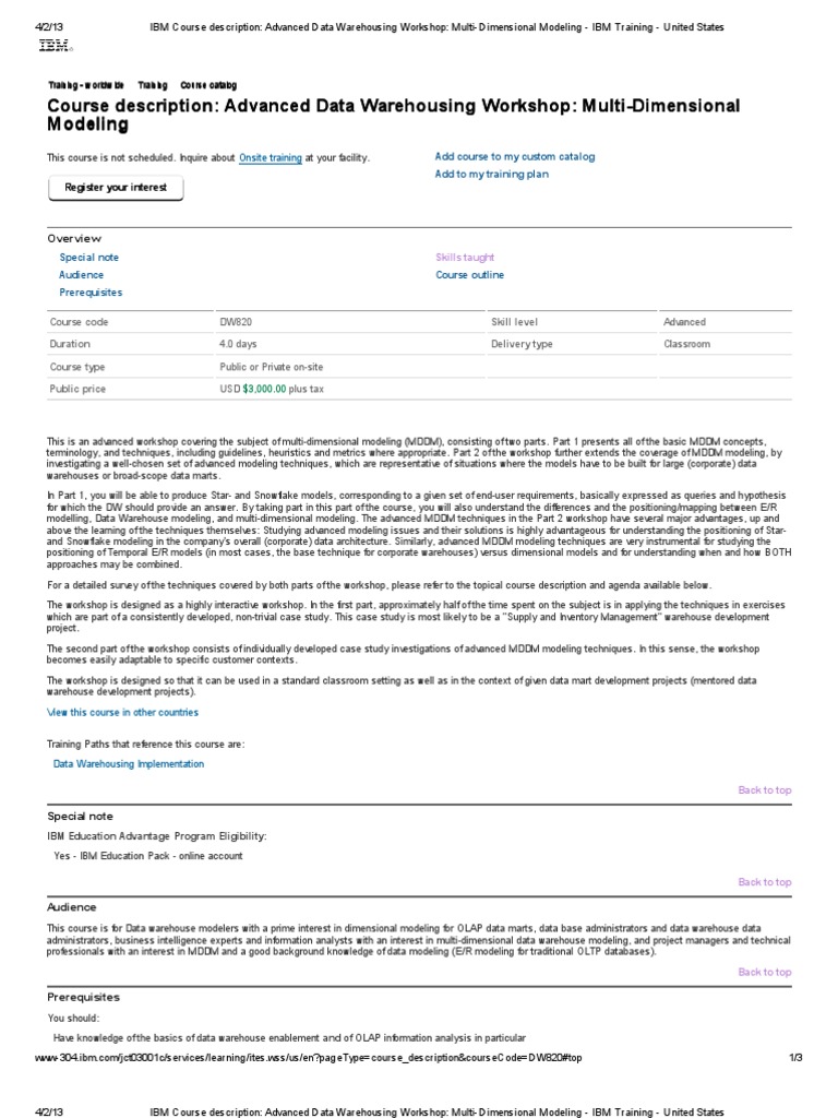 IBM Course Description - Advanced Data Warehousing Workshop - Multi-Dimensional Modeling - IBM ...