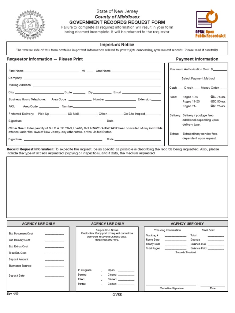Middlesex County OPRA Form | PDF | Fee | Mail
