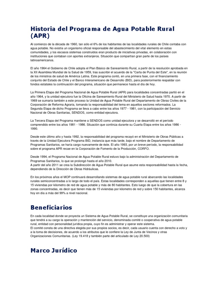 Historia Del Programa de Agua Potable Rural | PDF | Chile | Agua Historia Del Programa de Agua Potable Rural | PDF | Chile | Agua