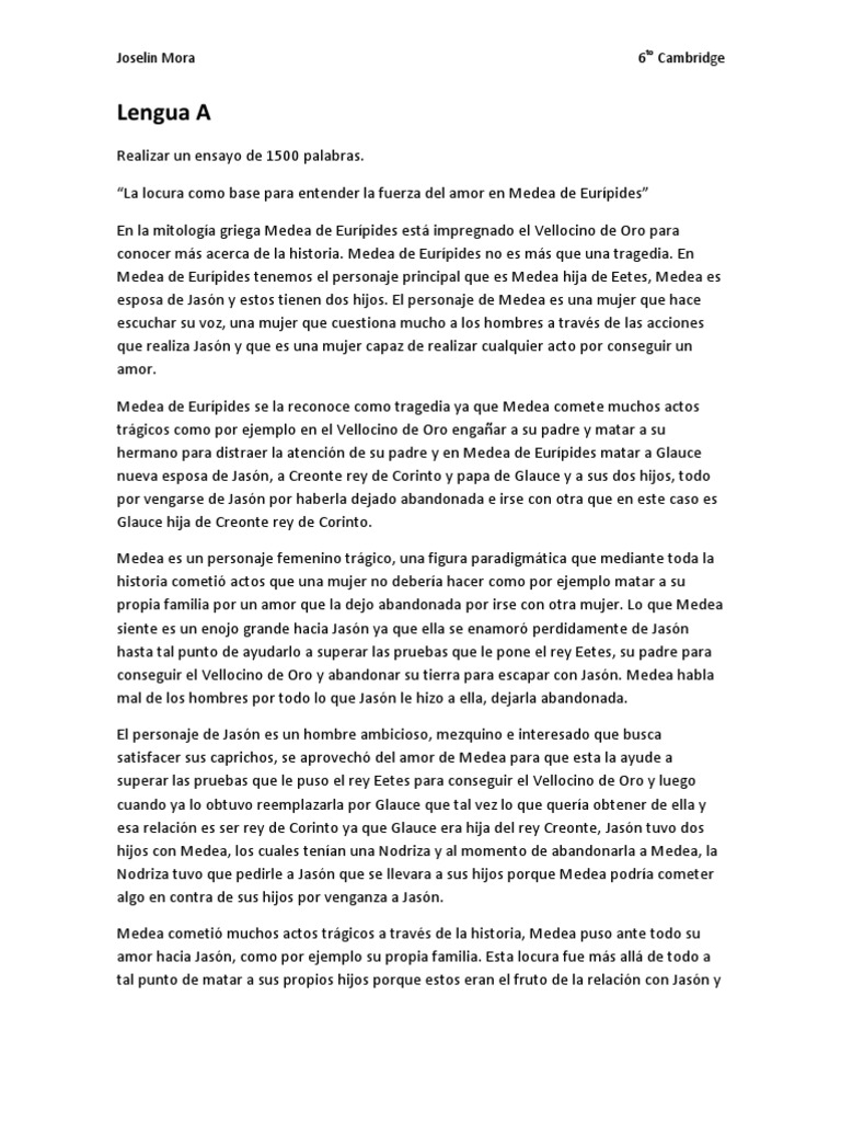 Lengua A - Ensayo Medea | PDF | Jason | Amor
