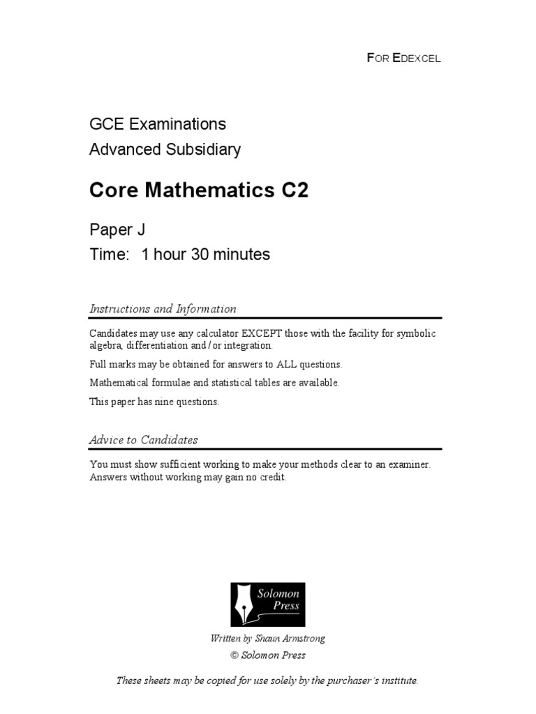 Core Mathematics C2: GCE Examinations Advanced Subsidiary | PDF ...