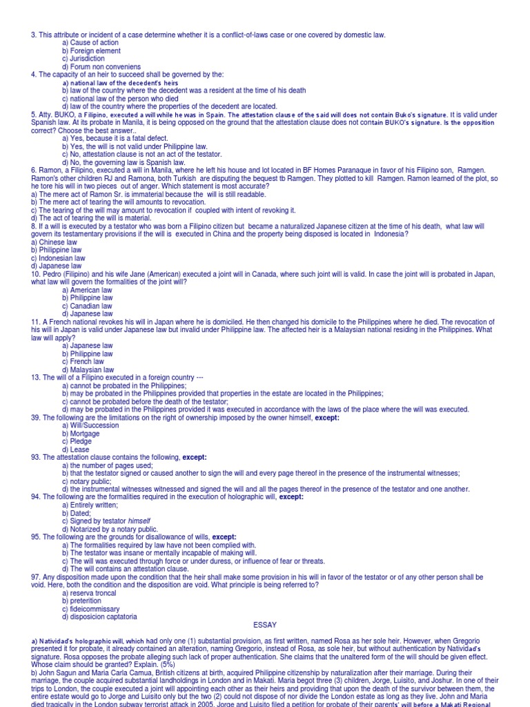 bar exam question WILLS and SUCCESSION | Will And Testament | Legal ...