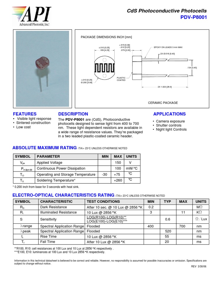 Cds Photoconductive Photocells: Pdv-P8001 | PDF