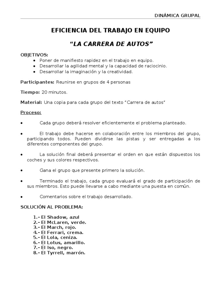 A Dinámica La Carrera de Autos | PDF | Automovilismo | Deportes