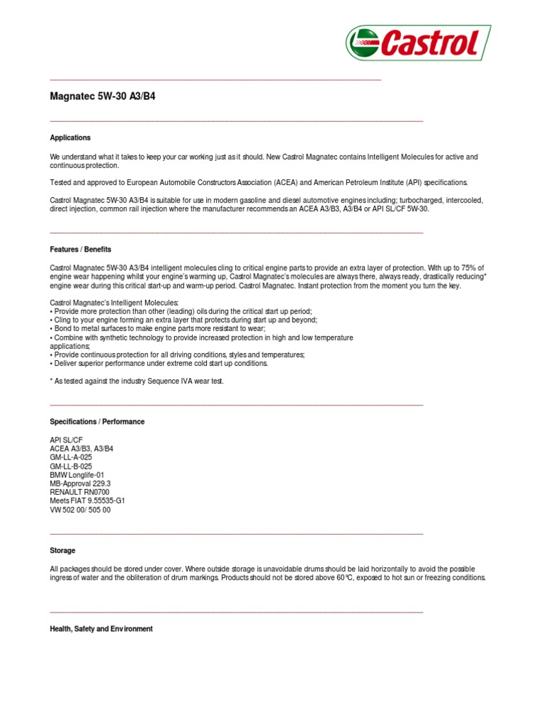 Castrol Magnatec 5w 30 Engine Oil A3 b4 | PDF | Motor Oil | Science