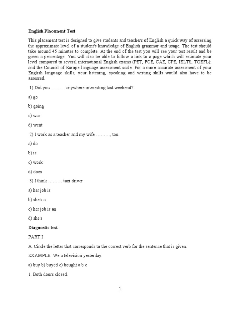 English Placement Test | Test (Assessment) | English Language