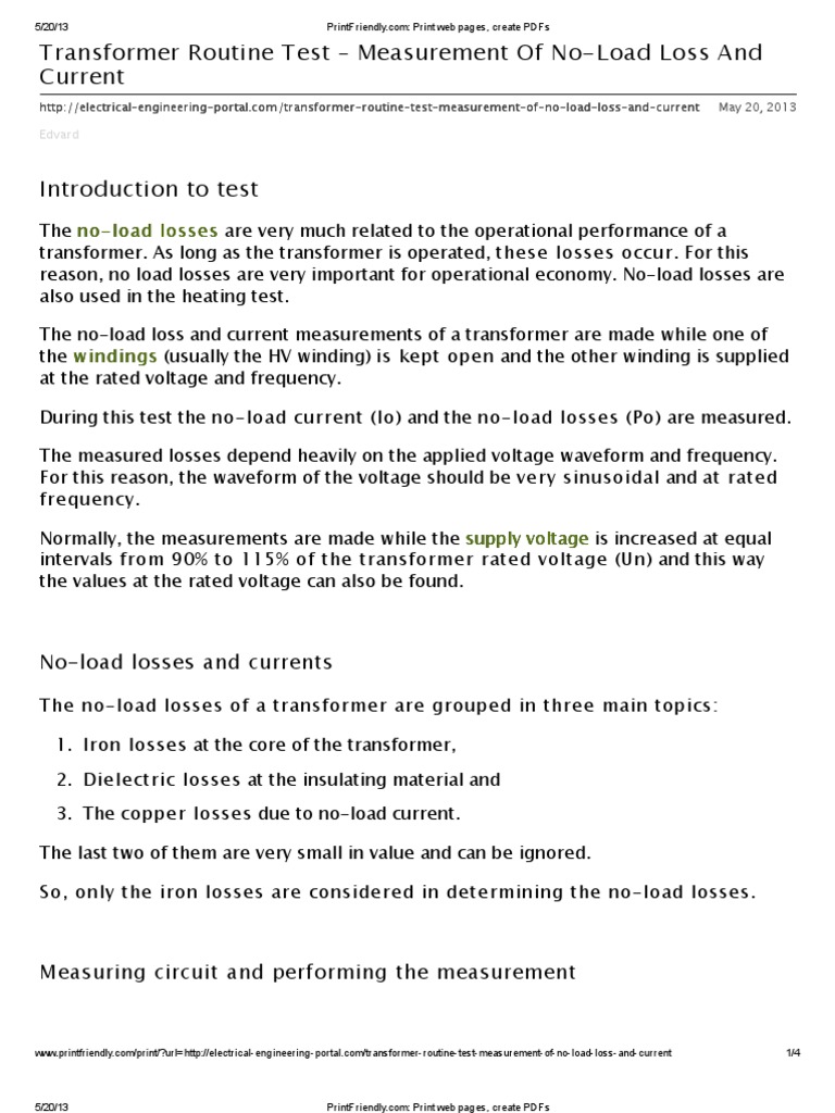 Transformer Routine Test Measurement Of No Load Loss And Current Pdf Transformer