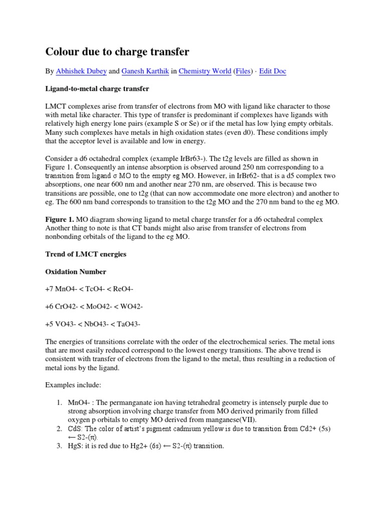 Colour due to charge transfer: Ligand-to-metal and metal-to-ligand ...