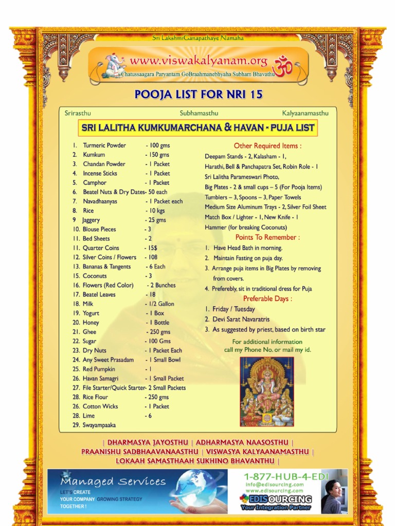Lalitha Kumkumarchana and Homam Puja List For Nri | PDF